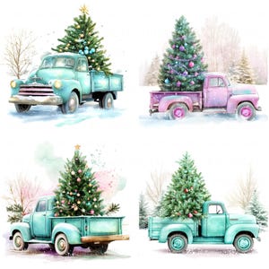 13 Christmas Tree Truck Clipart Watercolor Colorful Holiday Pickup ...