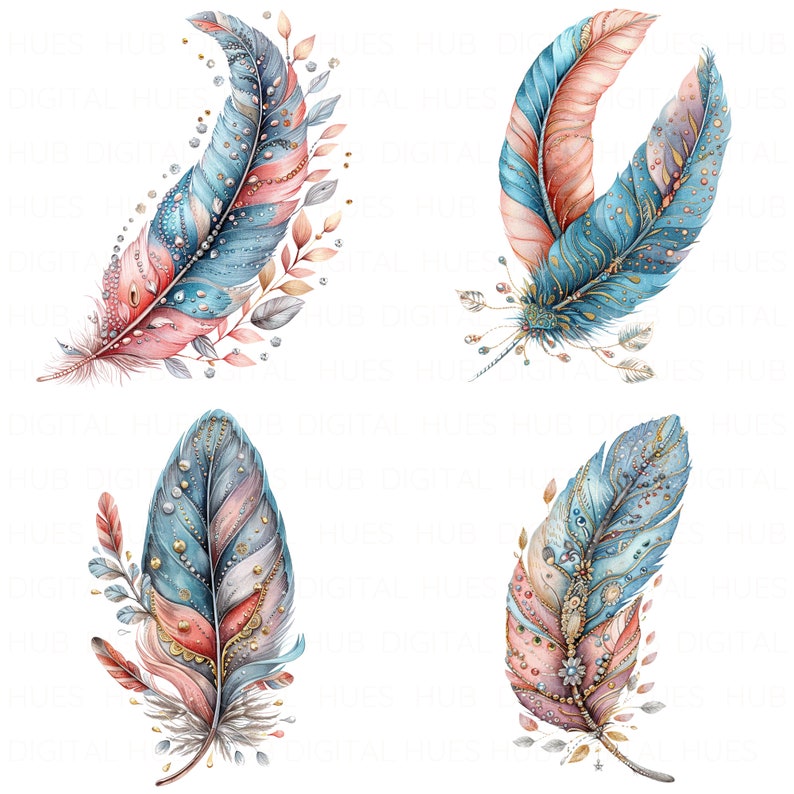 15 Feather Clipart Bundle Watercolor Boho Feather Art Clipart Printable ...