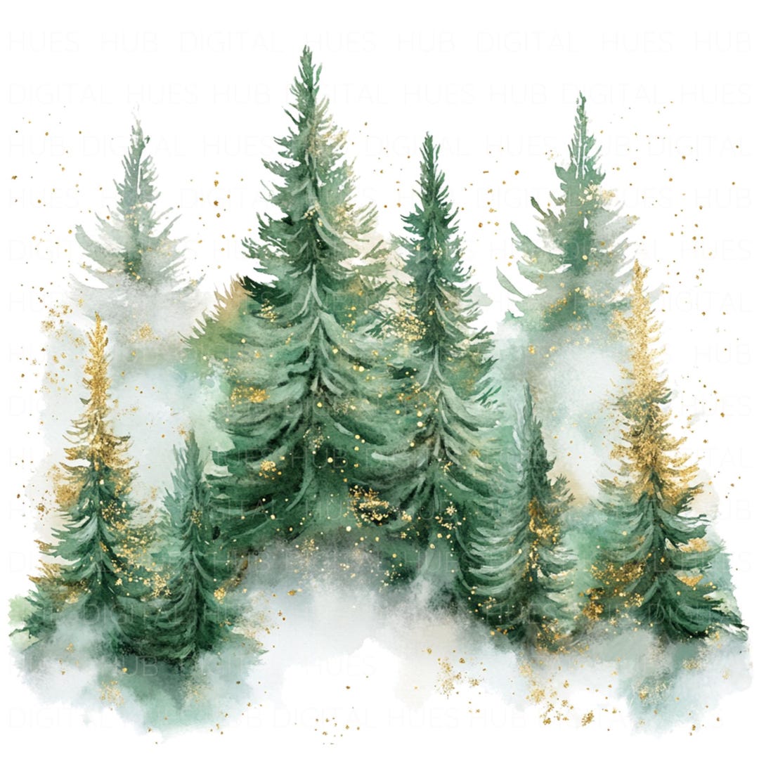 11 Pine Tree Clipart: Watercolor Green & Gold Christmas Tree JPEG ...