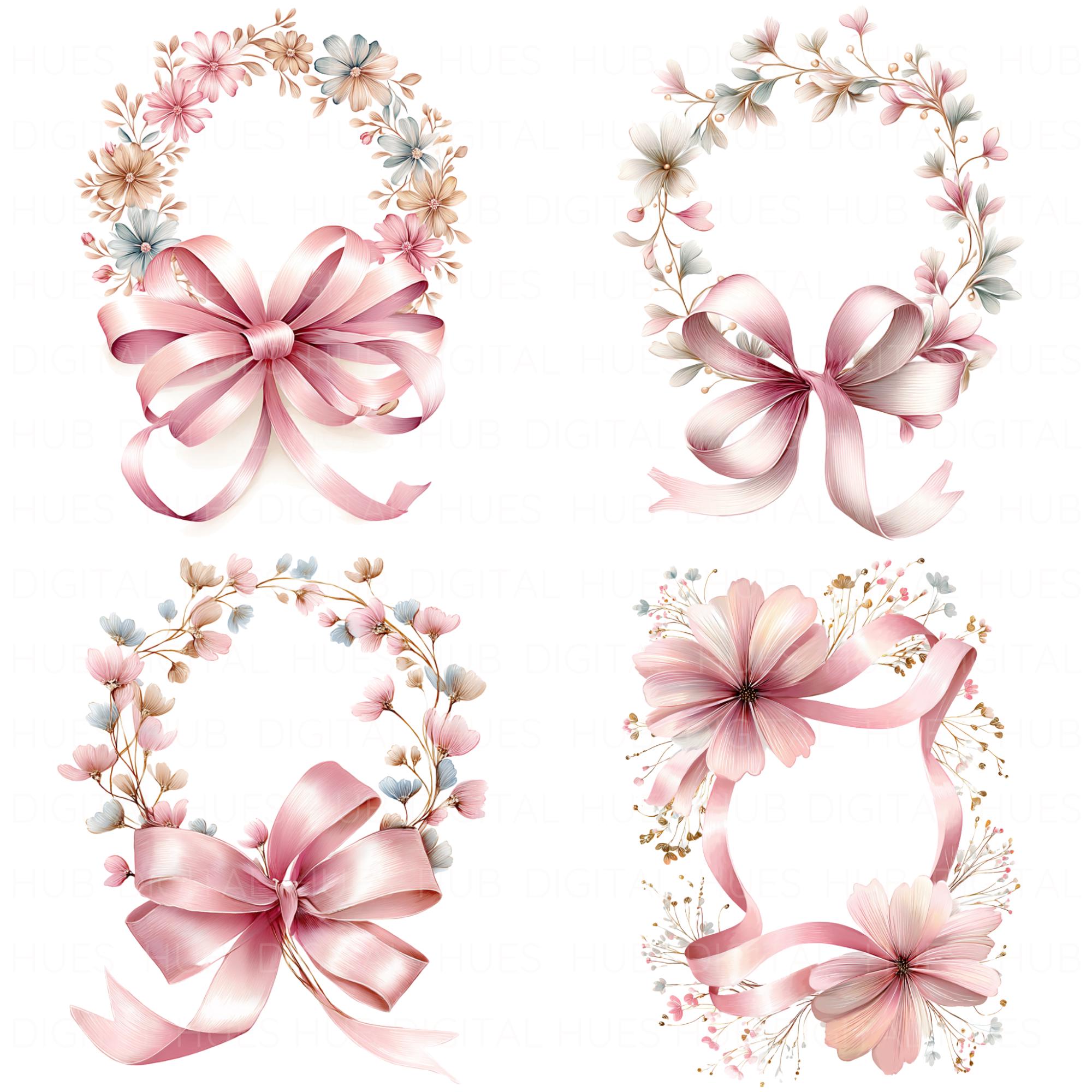 23 Pink Ribbon Bow Frame Clipart Watercolor Floral Pink Coquette Ribbon ...