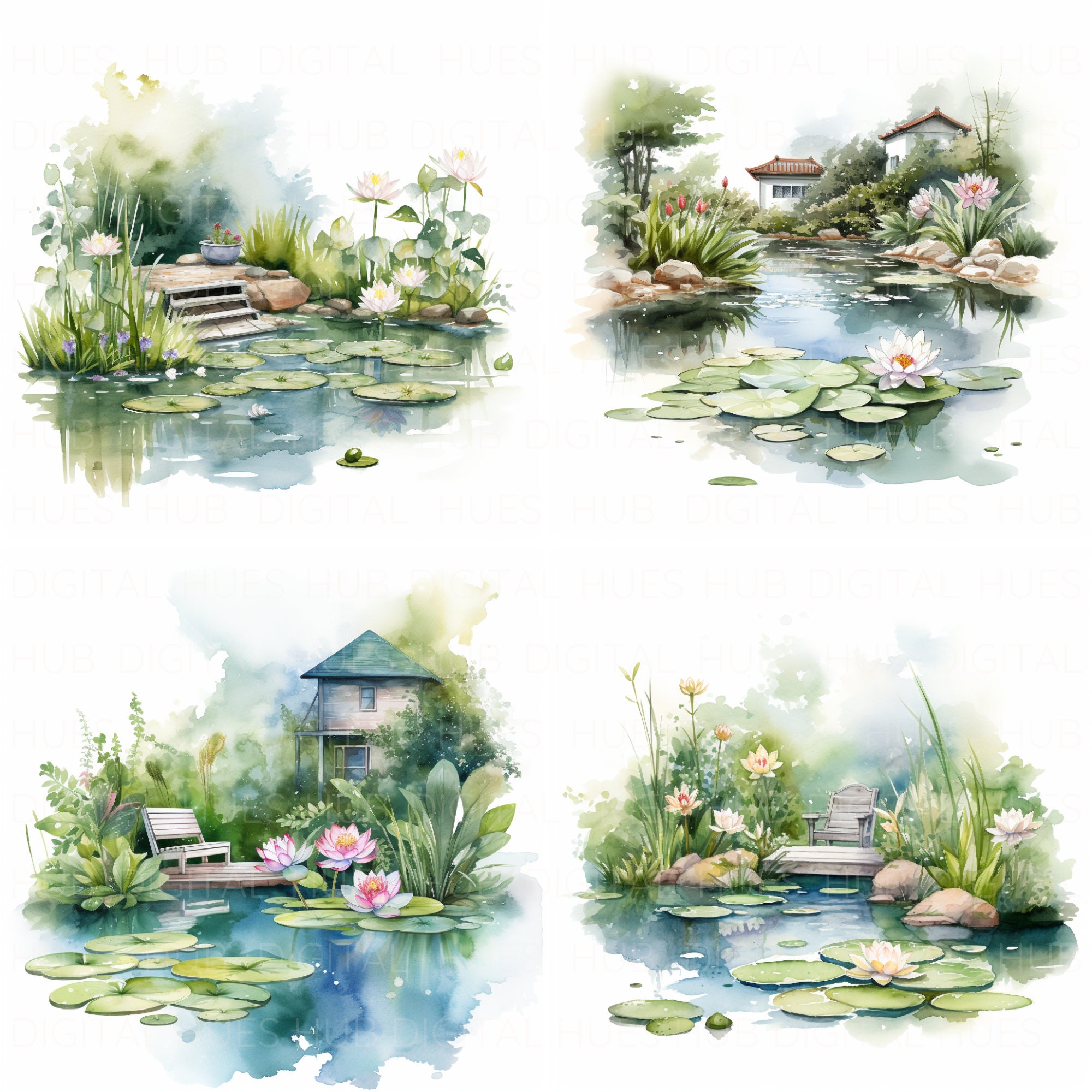 10 Backyard Pond Clipart Bundle Watercolor Garden Lotus Pond Clipart ...