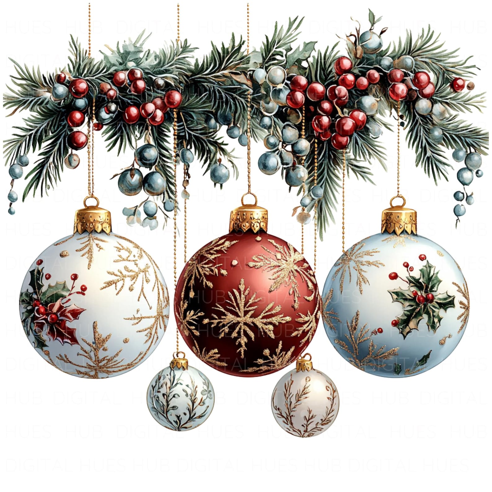 13 Hanging Bauble Clipart Watercolor Festive Christmas Bauble Printable ...