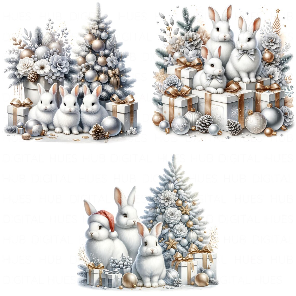 11 White Christmas Bunny Clipart: Watercolor Winter Rabbit JPG, Cute ...