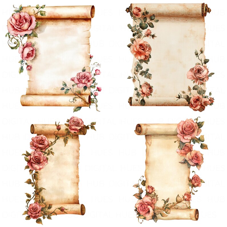 16 Vintage Floral Scroll Clipart Watercolor Antique Floral Old Paper ...