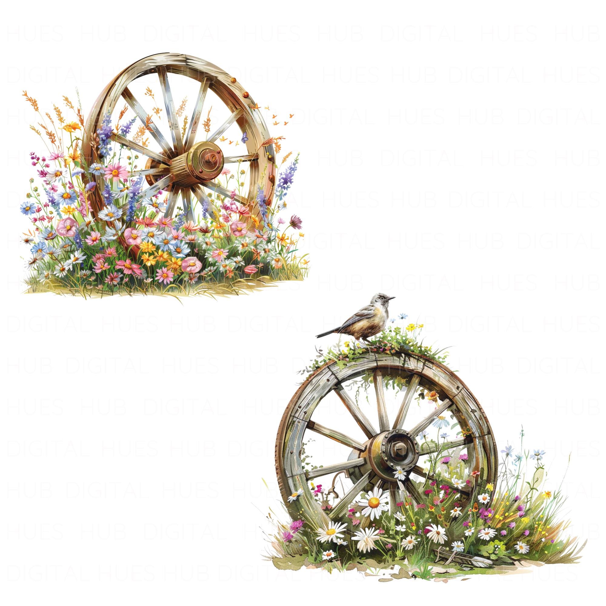 10 Floral Wagon Wheel Clipart Watercolor Floral Wooden Wheel Cart Wheel ...