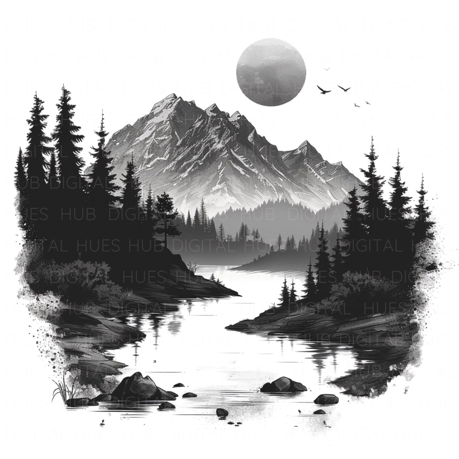 15 Black White Landscape Clipart Bundle Lake Mountain Sketch Clipart ...