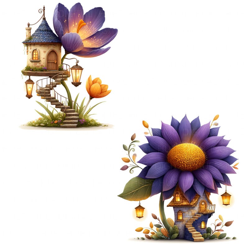 19 Flower Fairy House Clipart Watercolor Purple Flower Whimsical Fairy ...