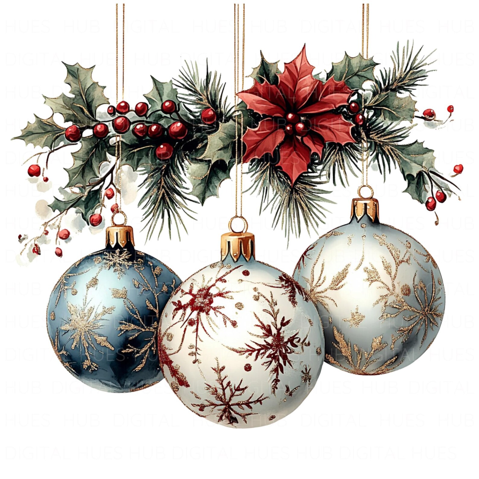 13 Hanging Bauble Clipart Watercolor Festive Christmas Bauble Printable ...