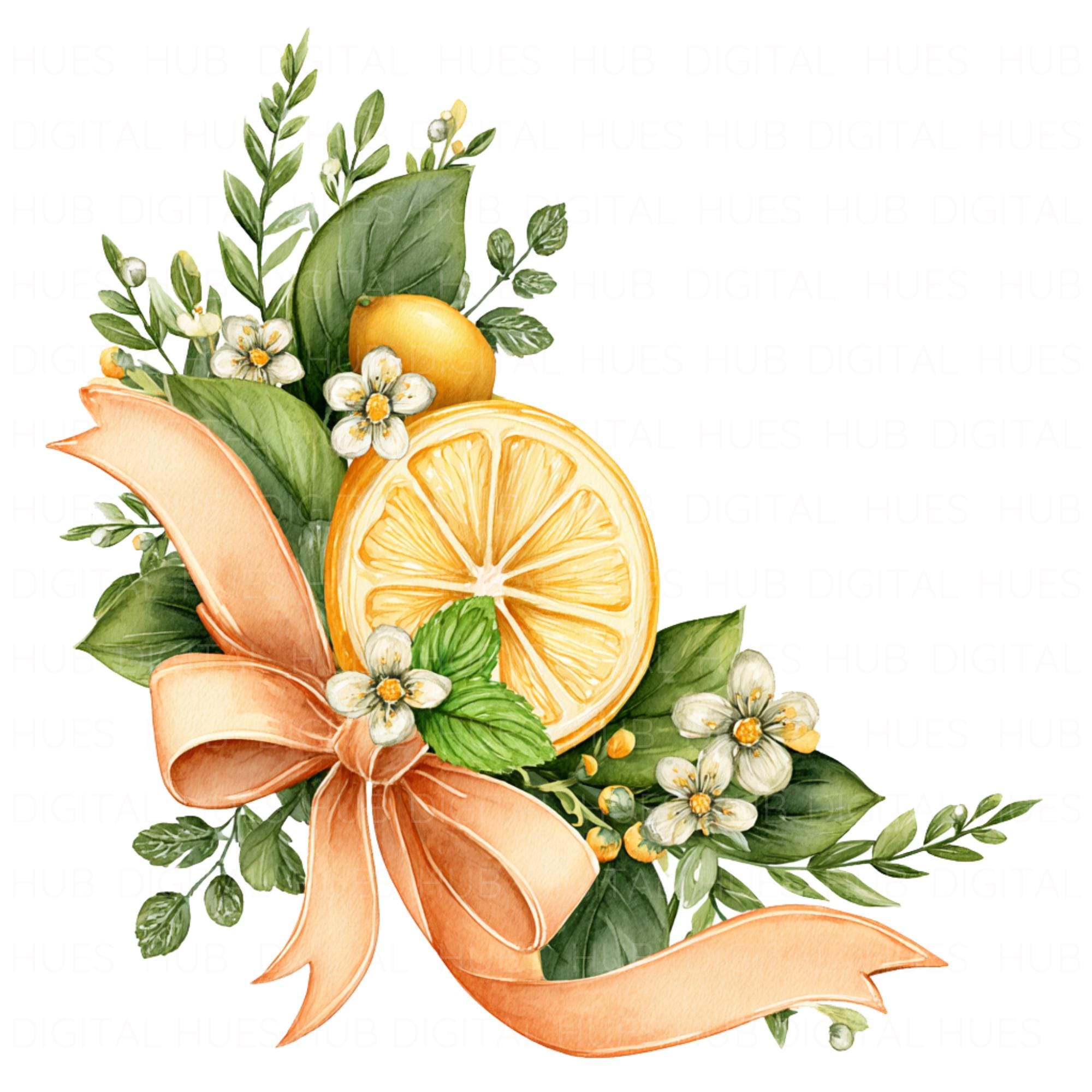 12 Summer Lemon Clipart Watercolor Lemon Ribbon Bow Citrus Fruit Yellow ...