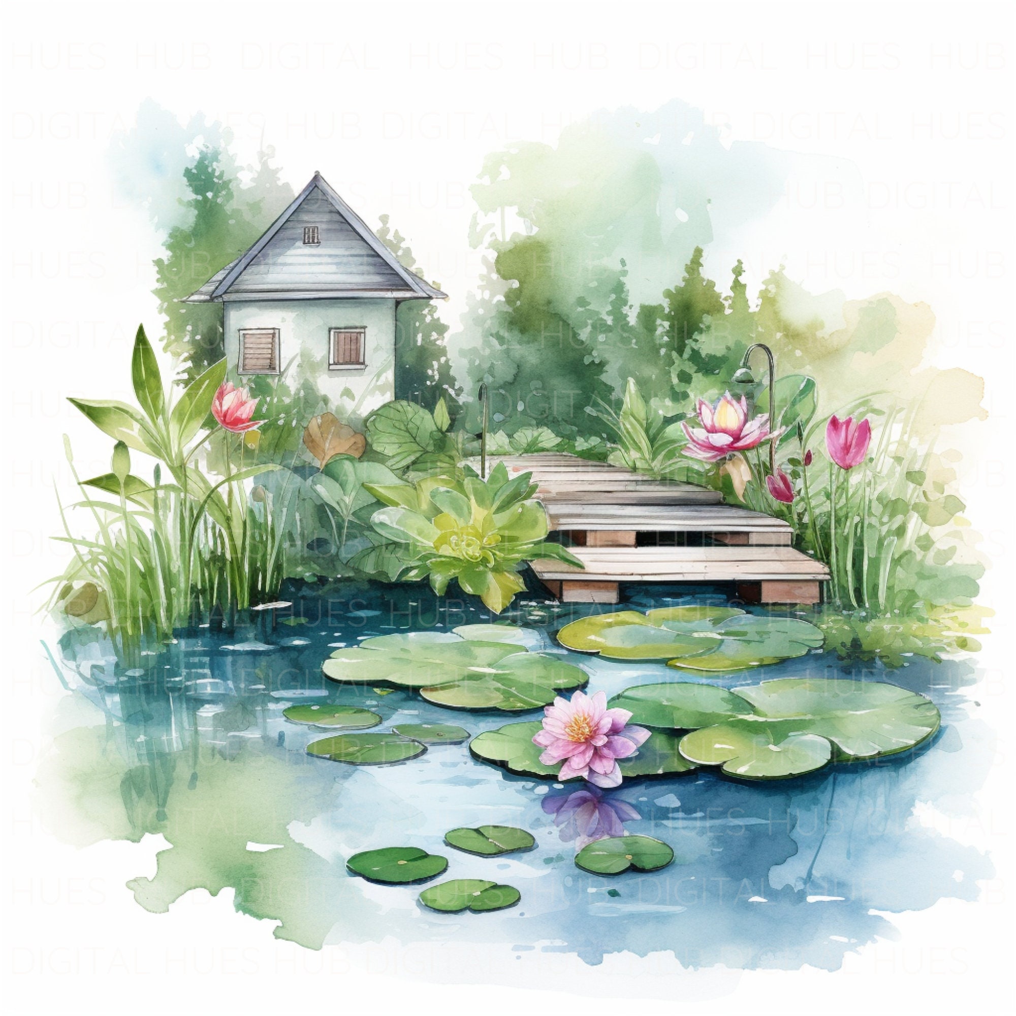 10 Backyard Pond Clipart Bundle Watercolor Garden Lotus Pond Clipart ...