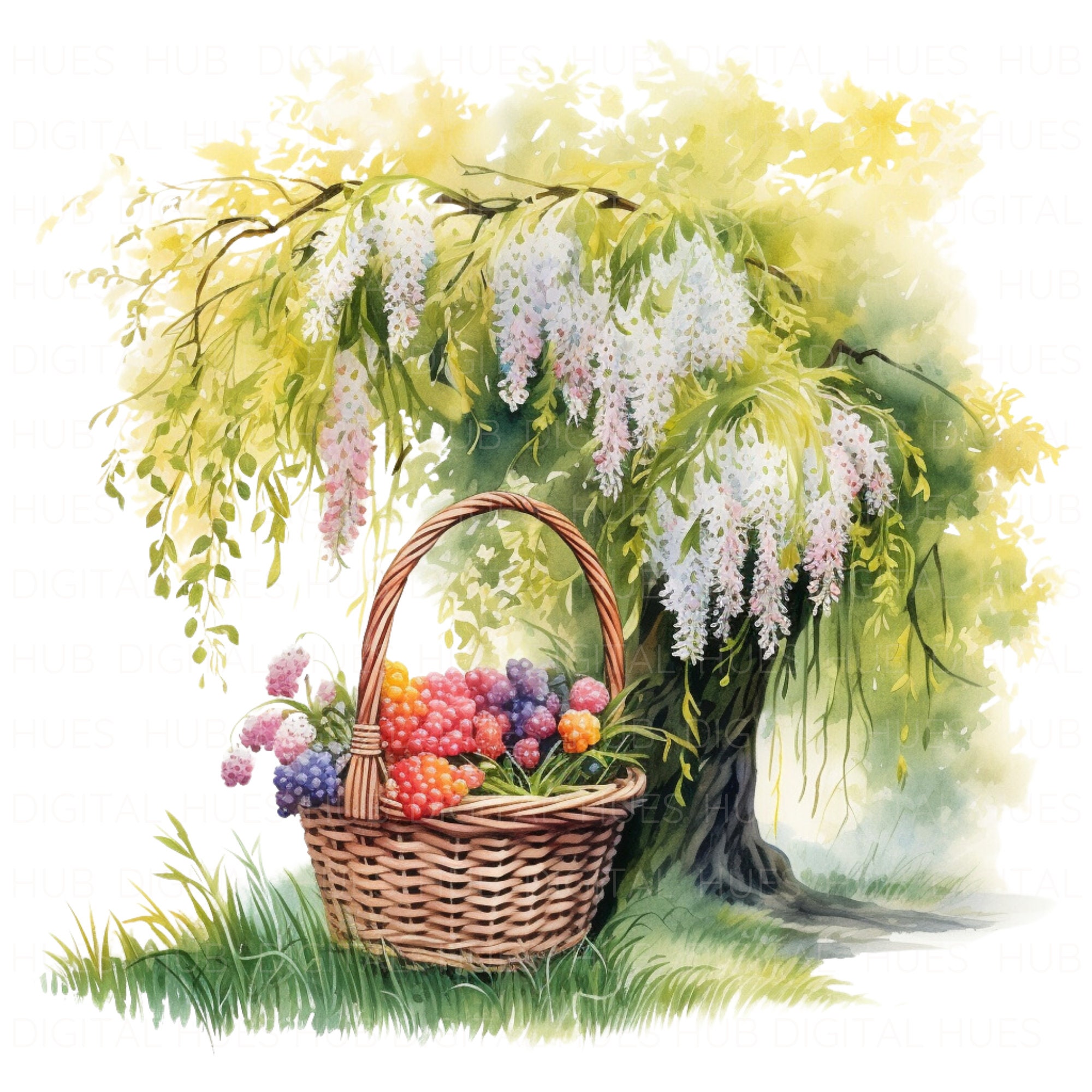 16 Wicker Basket Under Tree Clipart Bundle Watercolor Garden Clipart ...