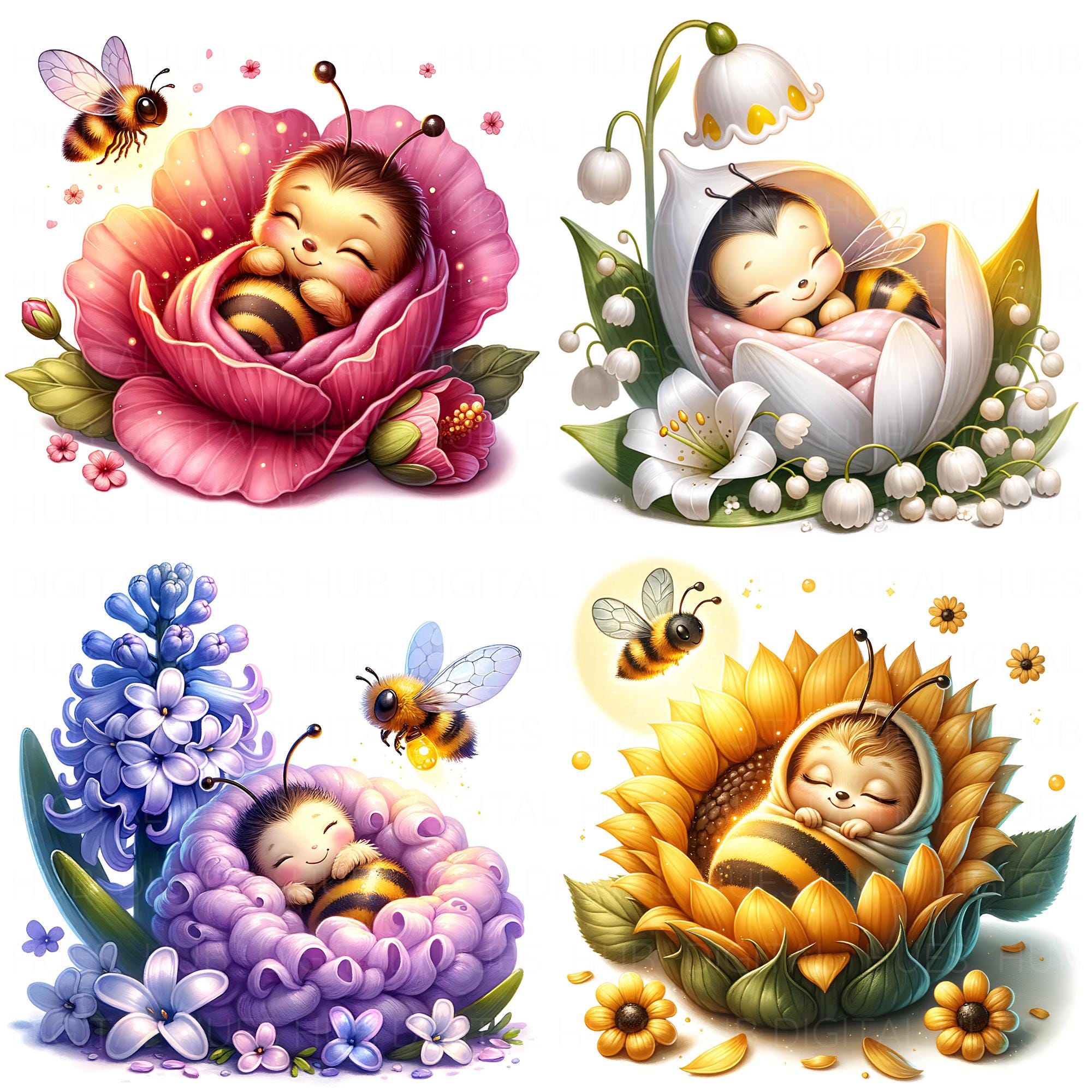 16 Cute Baby Bee Sleeping in Flower Bed Clipart Cartoon Bumble Bee ...
