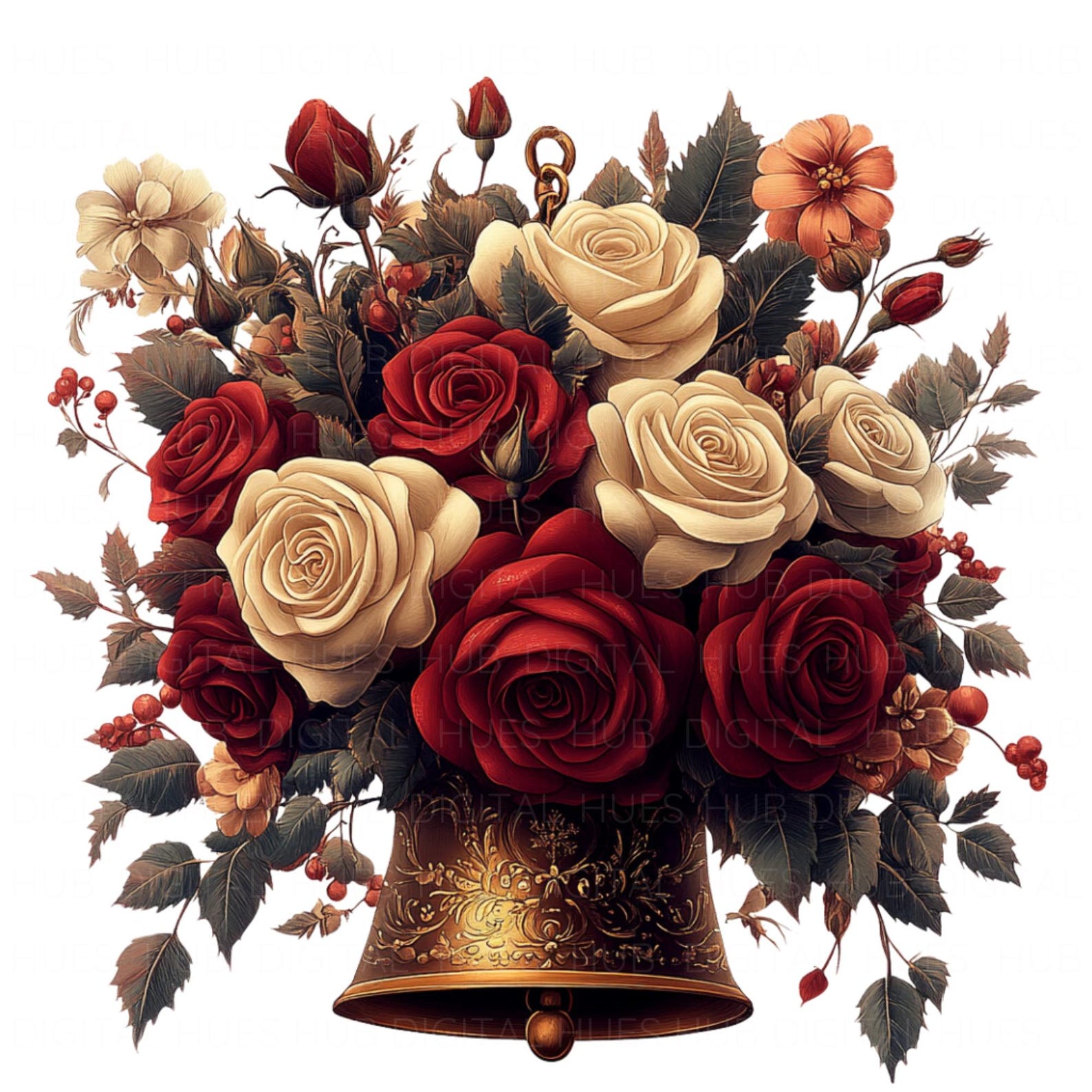 12 Floral Christmas Bell Roses Clipart Watercolor Holiday Graphics ...