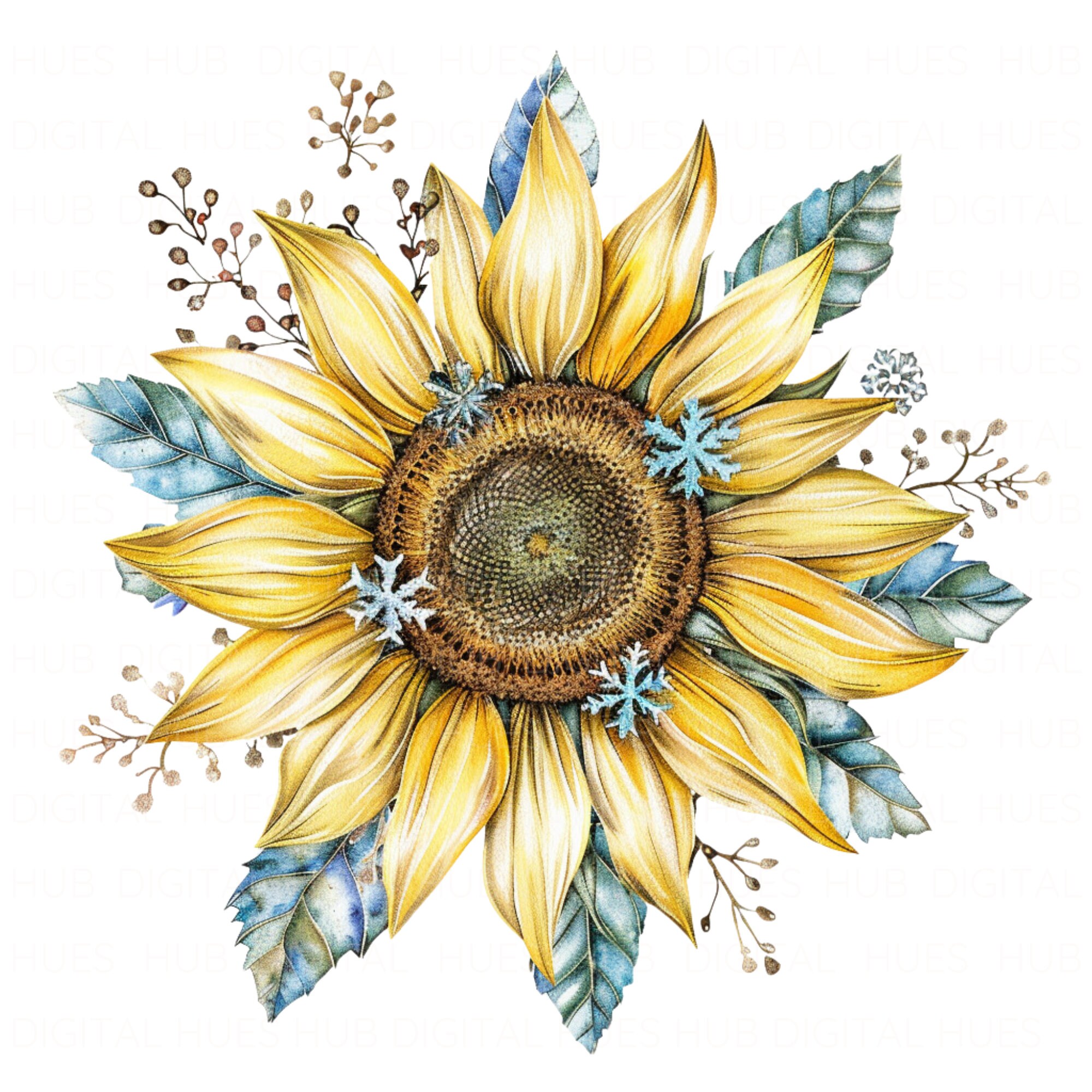 10 Winter Sunflower Clipart Bundle Watercolor Sunflower in Snow Clipart ...