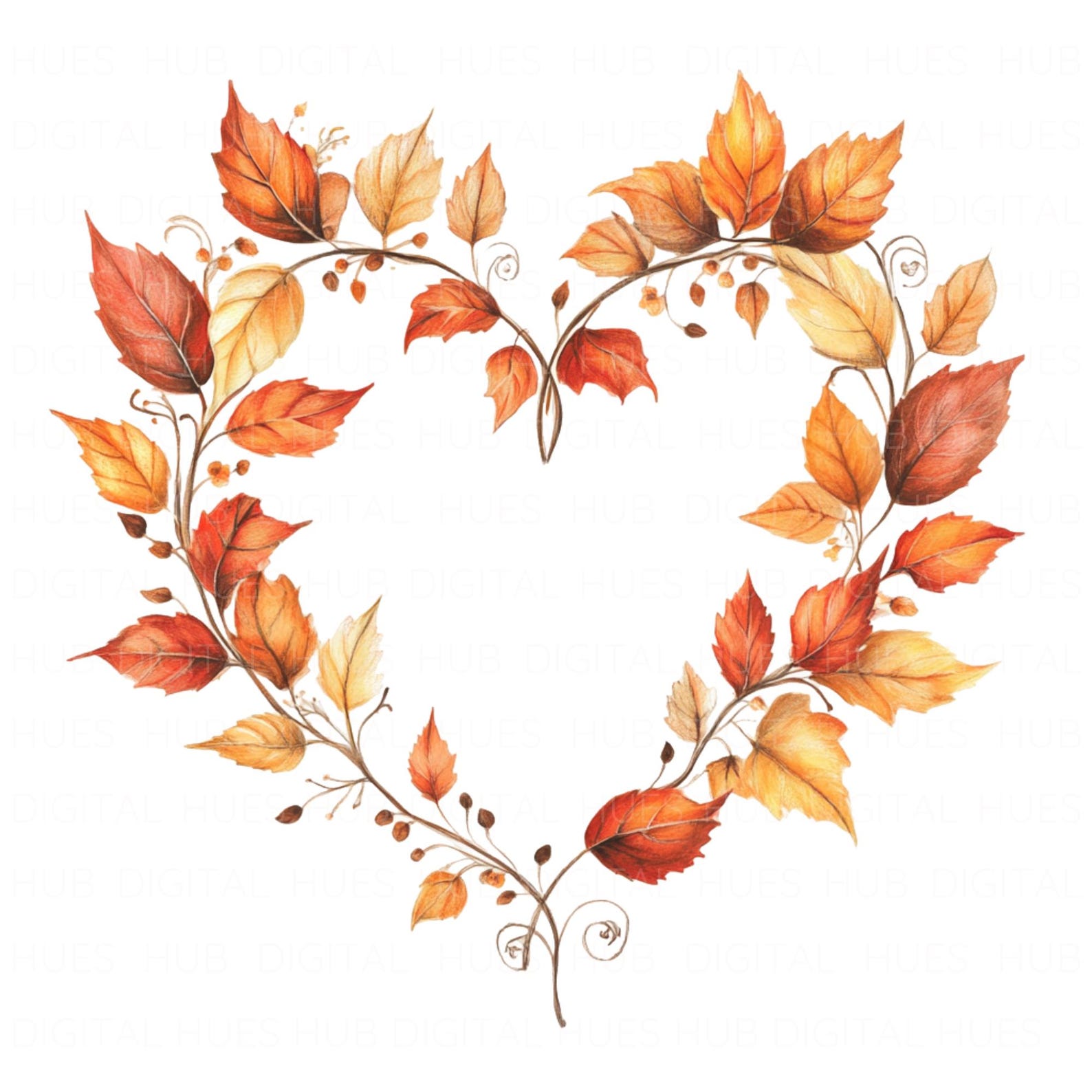12 Autumn Leaves Heart Clipart Watercolor Fall Leaves Printable High ...