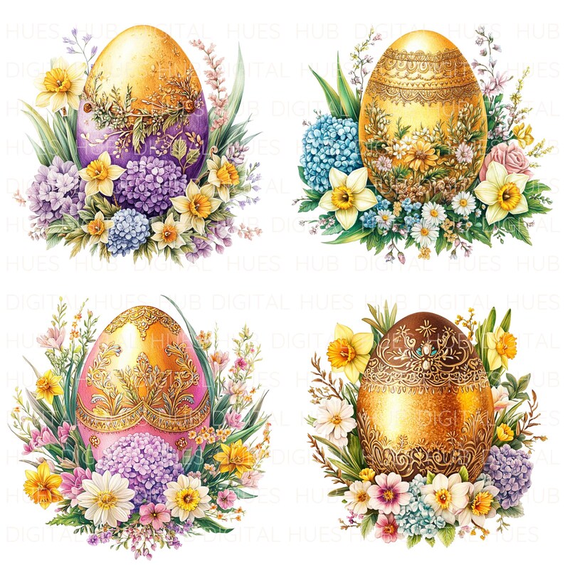 19 Golden Easter Egg Spring Flowers Clipart Watercolor Floral Egg ...