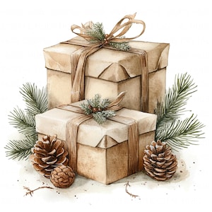 12 Rustic Christmas Gift Clipart Watercolor Festive Holiday Wrapped ...