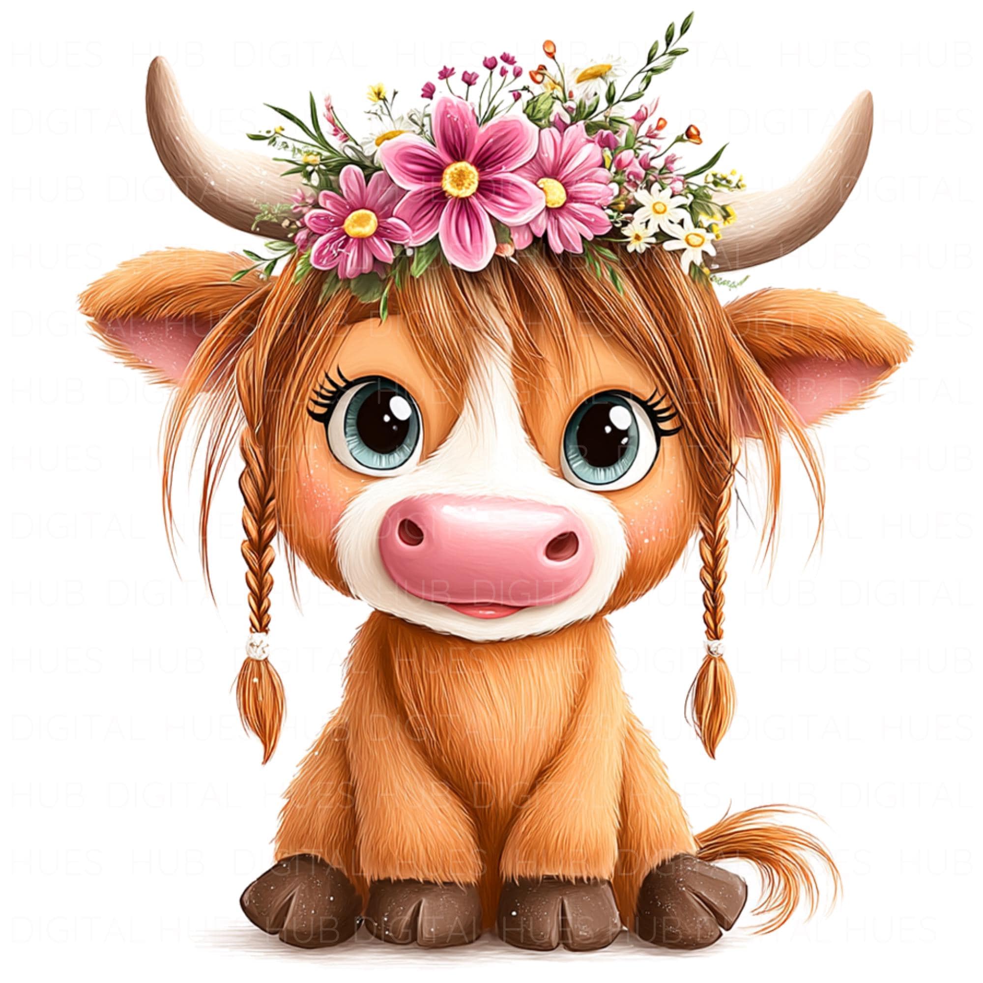 14 Cute Baby Girl Highland Cow Clipart Watercolor Cartoon Baby Cow Art ...