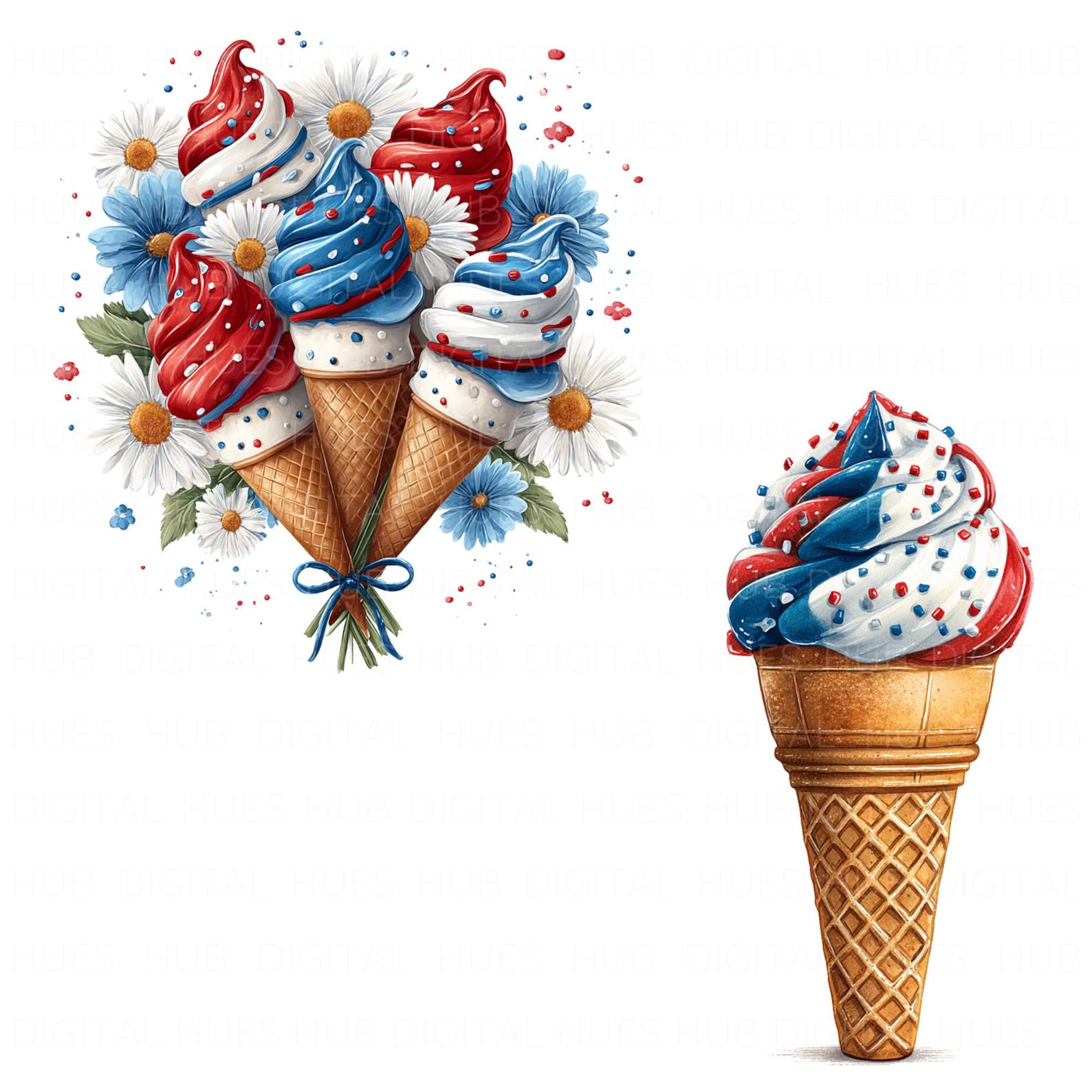 13 Patriotic Ice Cream Clipart Watercolor Red White Blue Celebration ...