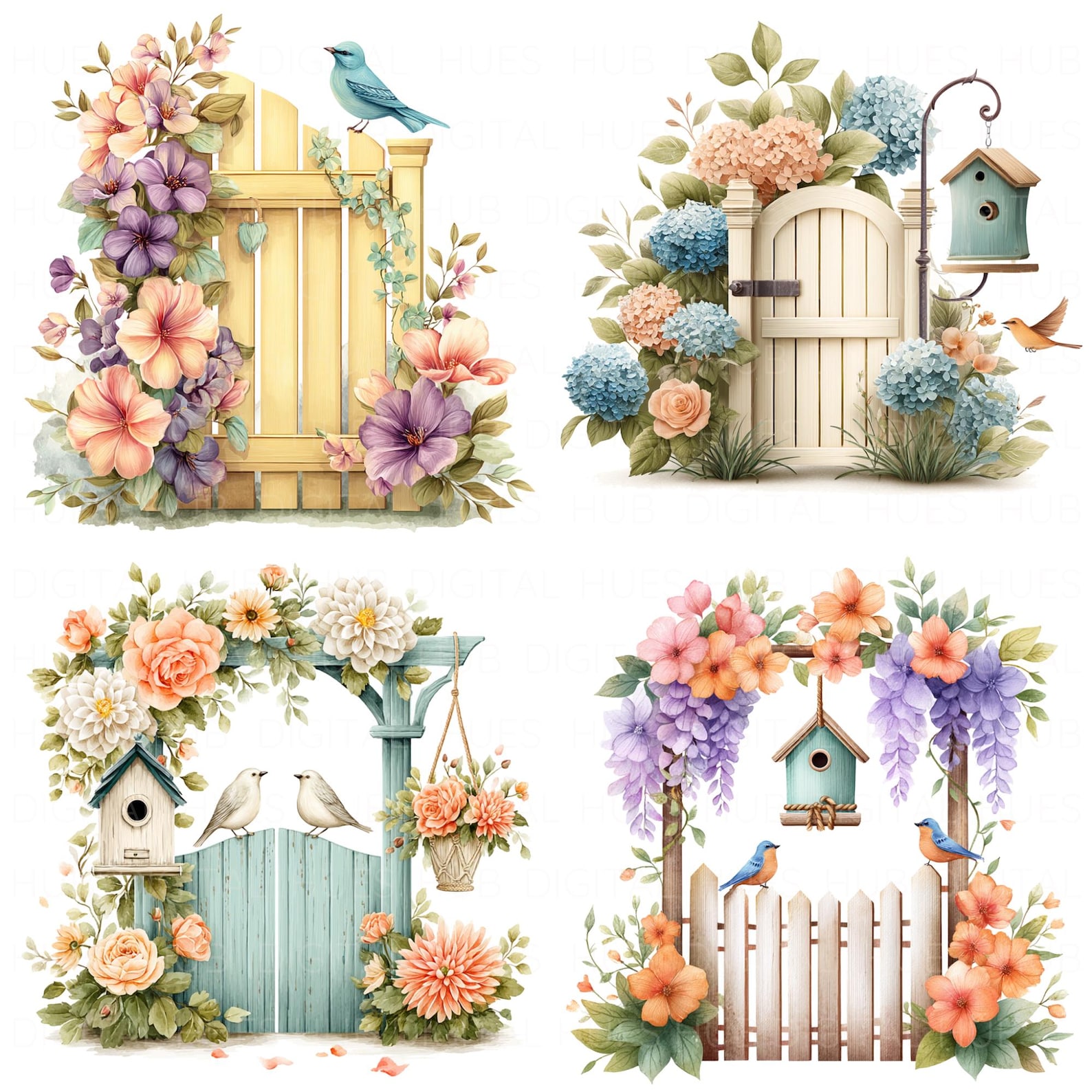 18 Wooden Garden Gate Clipart Watercolor Vintage Flower Gates Spring ...