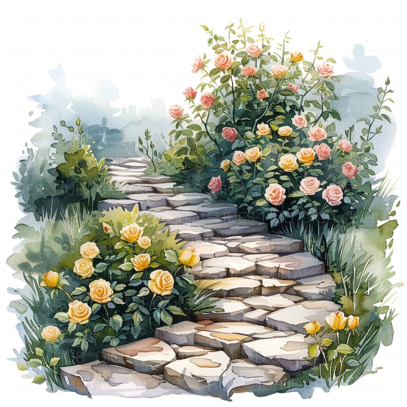 12 Rose Garden Stone Path Clipart Bundle Watercolor Stone Stairs ...
