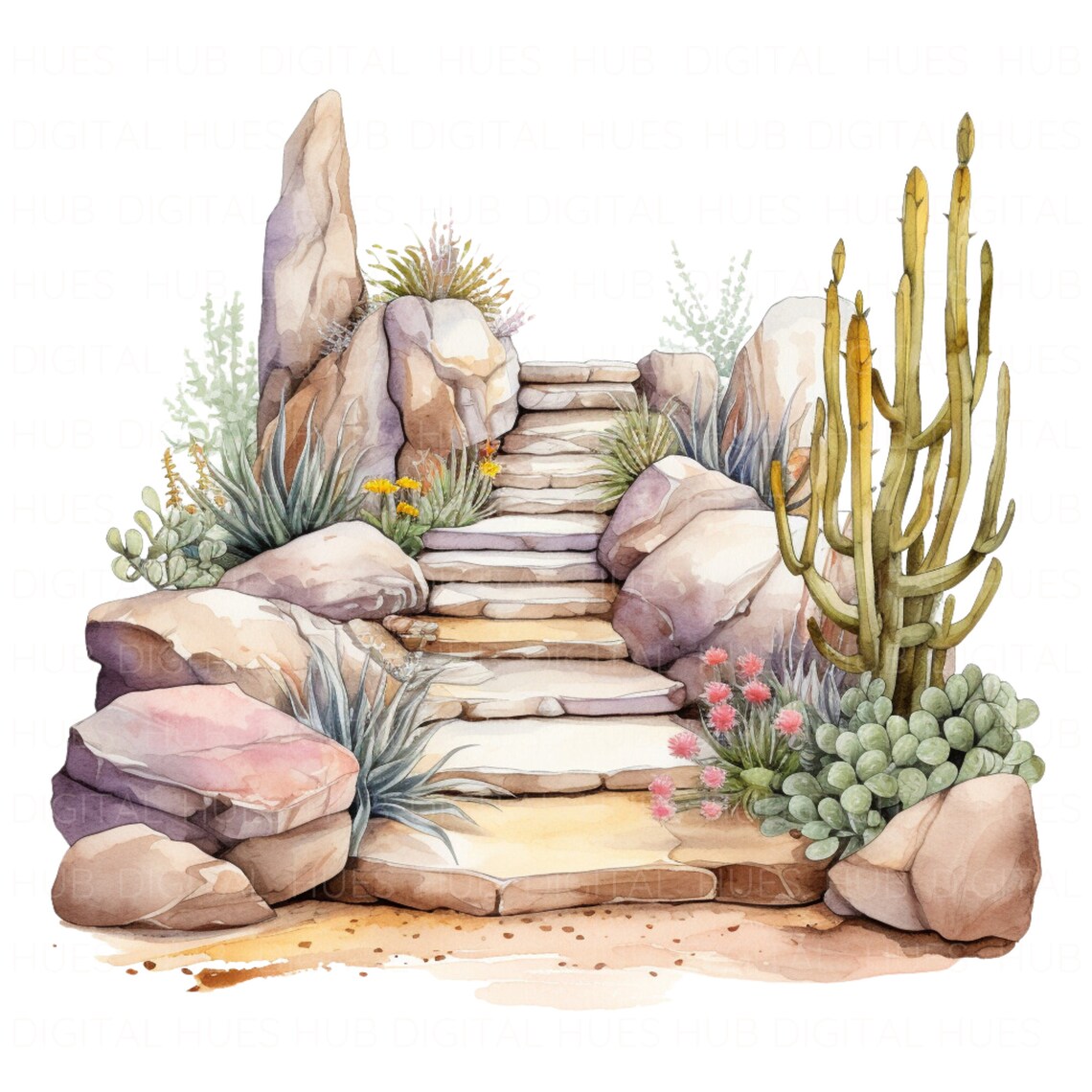 17 Stone Path Clipart Bundle Watercolor Stone Stairs With Plants ...