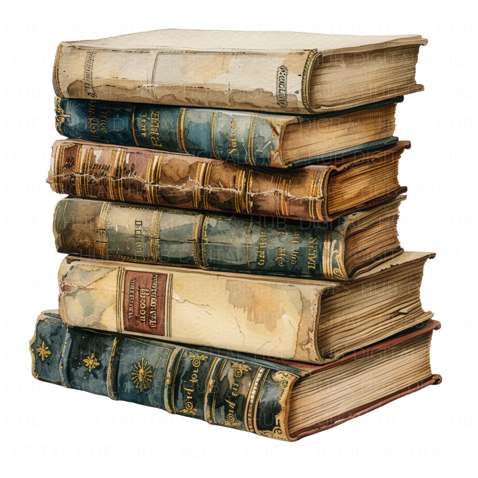 13 Book Stack Clipart Watercolor Old Rustic Book Pile Fantasy Clipart ...