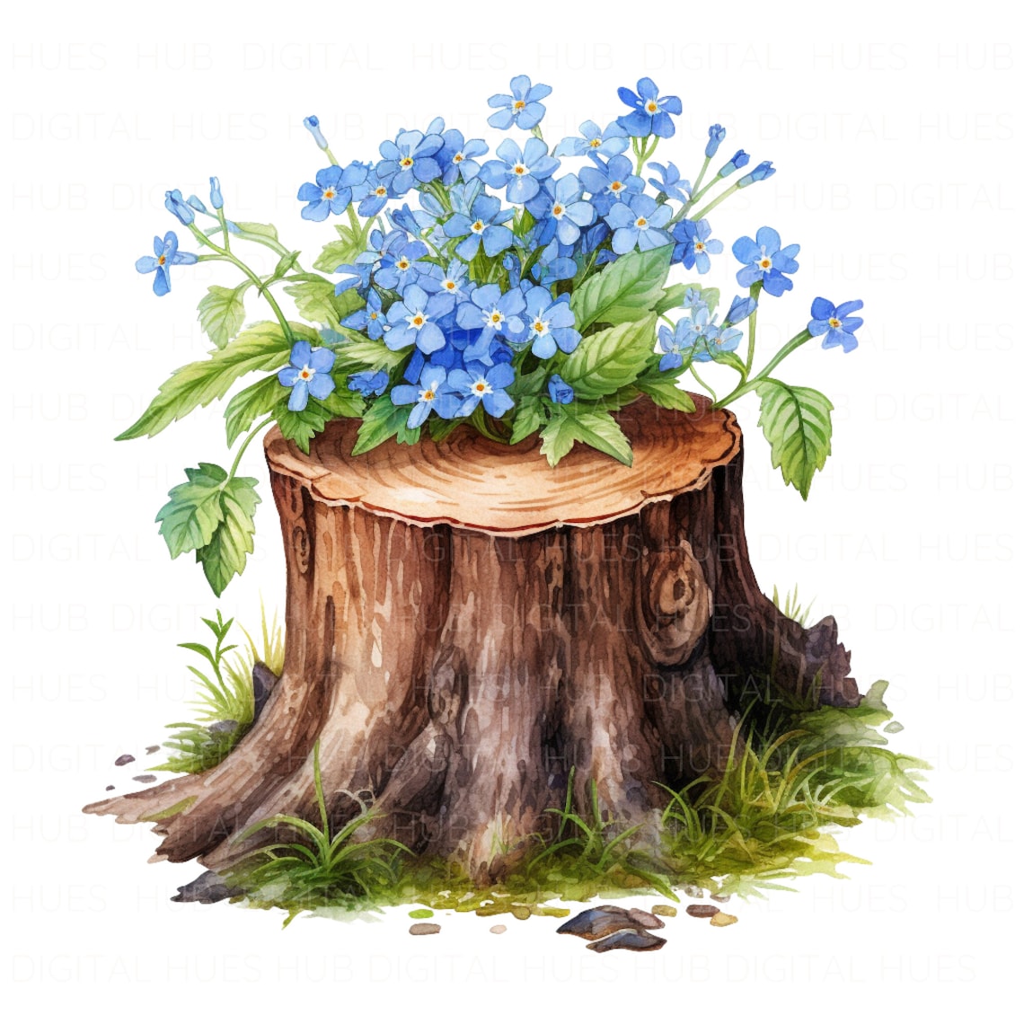 15 Floral Tree Stump Clipart Bundle Watercolor Forget Me Not Printable ...