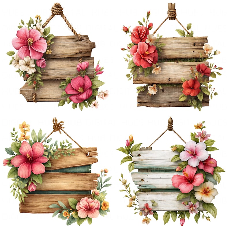 11 Floral Wooden Sign Clipart Watercolor Vintage Hanging Garden Sign ...