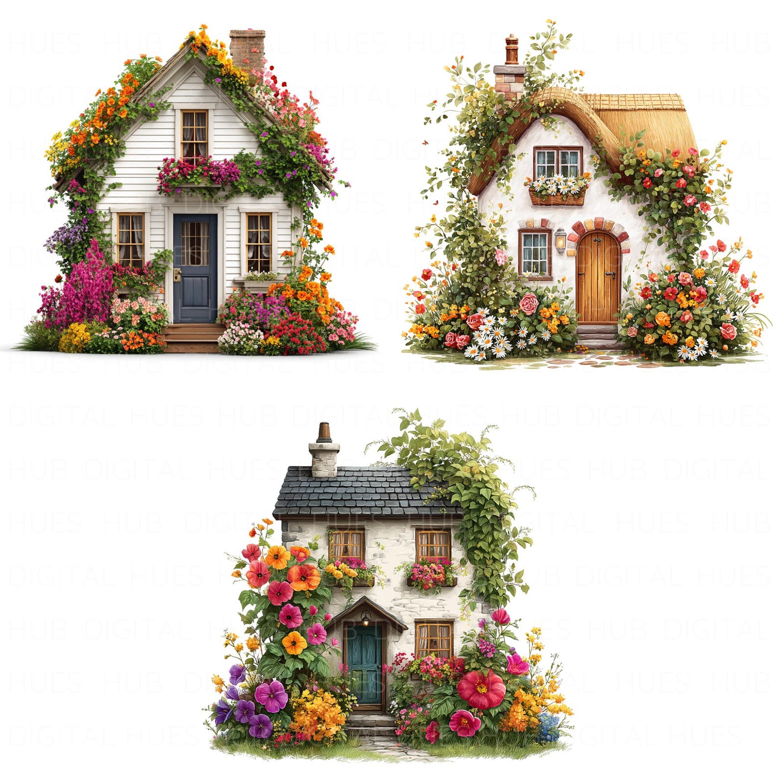 17 Floral Cottage Clipart Watercolor Floral Cottage Garden English ...