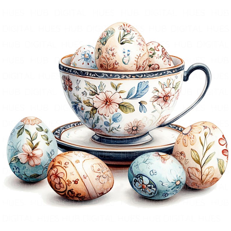 11 Festive Easter Teacup Clipart Watercolor Easter Eggs Cup Printable ...