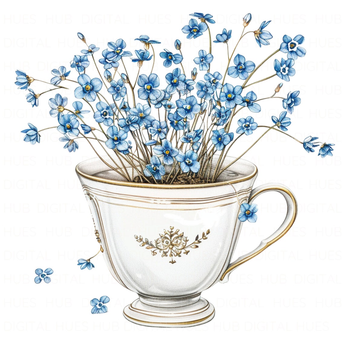 14 Forget Me Not Teacup Clipart Bundle Watercolor Boho Floral Teacup ...