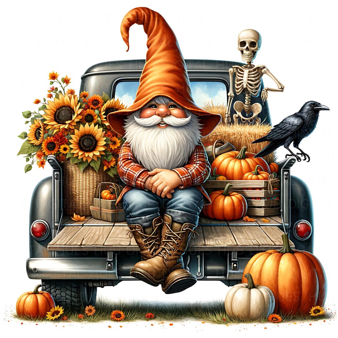 12 Fall Gnome Truck Clipart: Watercolor Autumn Harvest Pumpkins ...