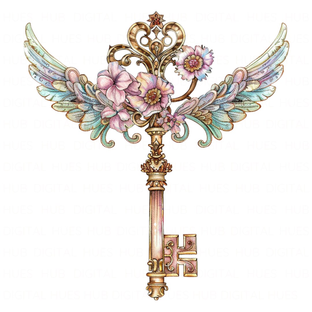 13 Floral Magic Key Clipart Watercolor Fairy Key Fantasy Clipart ...