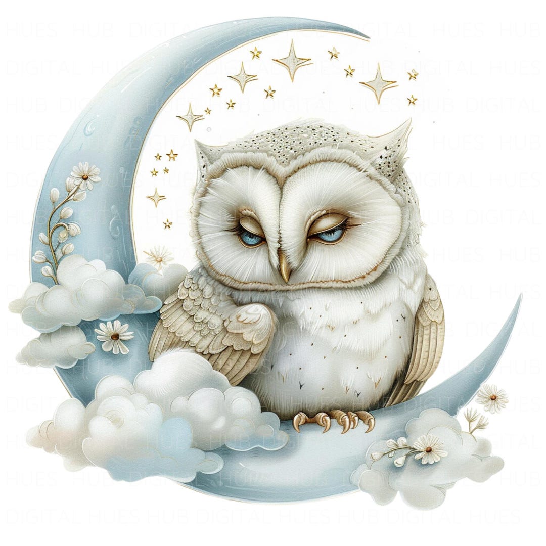 10 Sleepy Owl and Moon Clipart Watercolor Moon Kids Bedroom Wall Art ...