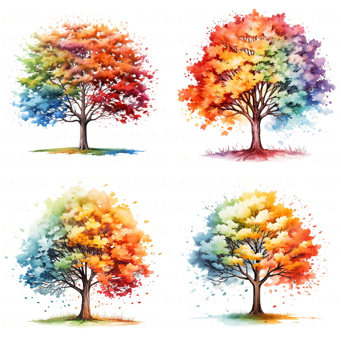 16 All Season Tree Clipart Bundle Watercolor Tree Changing Color High ...