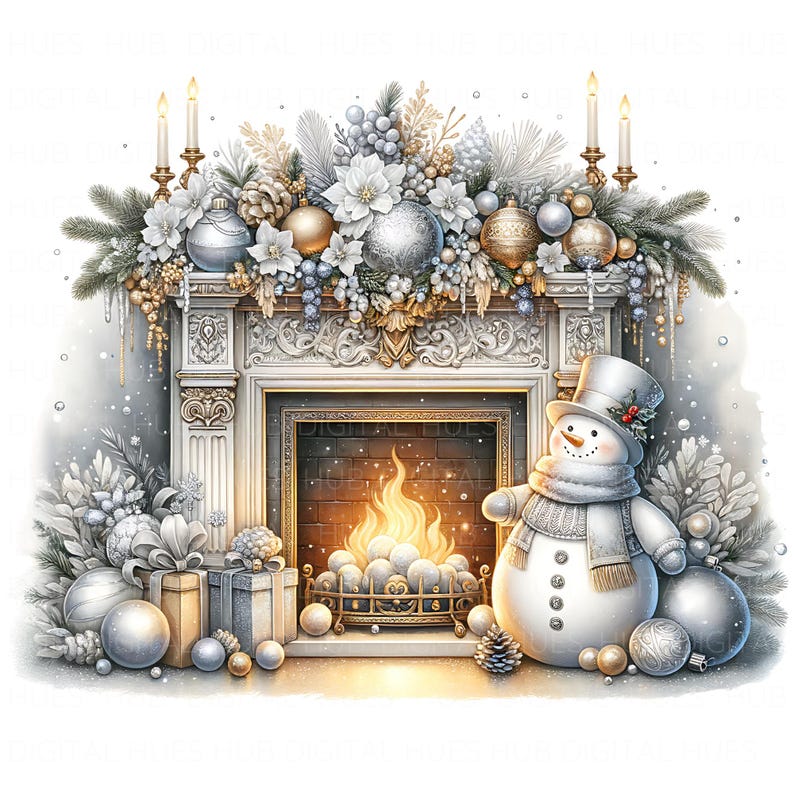 10 White Christmas Fireplace Clipart: Watercolor Elegant Holiday Mantel ...