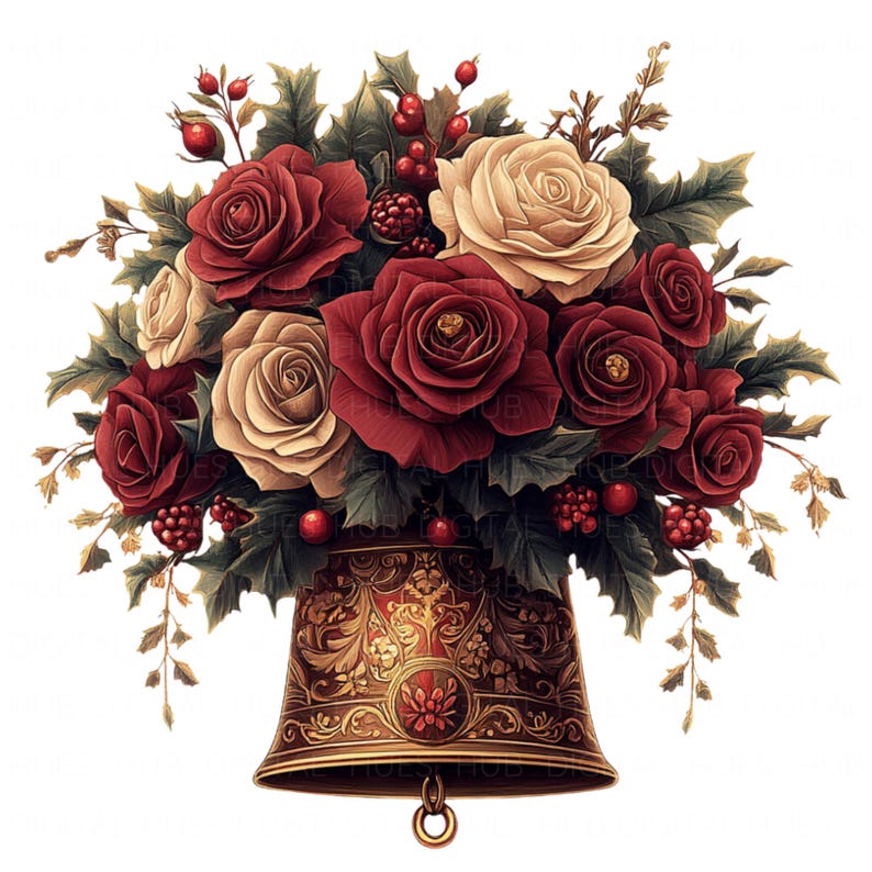 12 Floral Christmas Bell Roses Clipart Watercolor Holiday Graphics ...