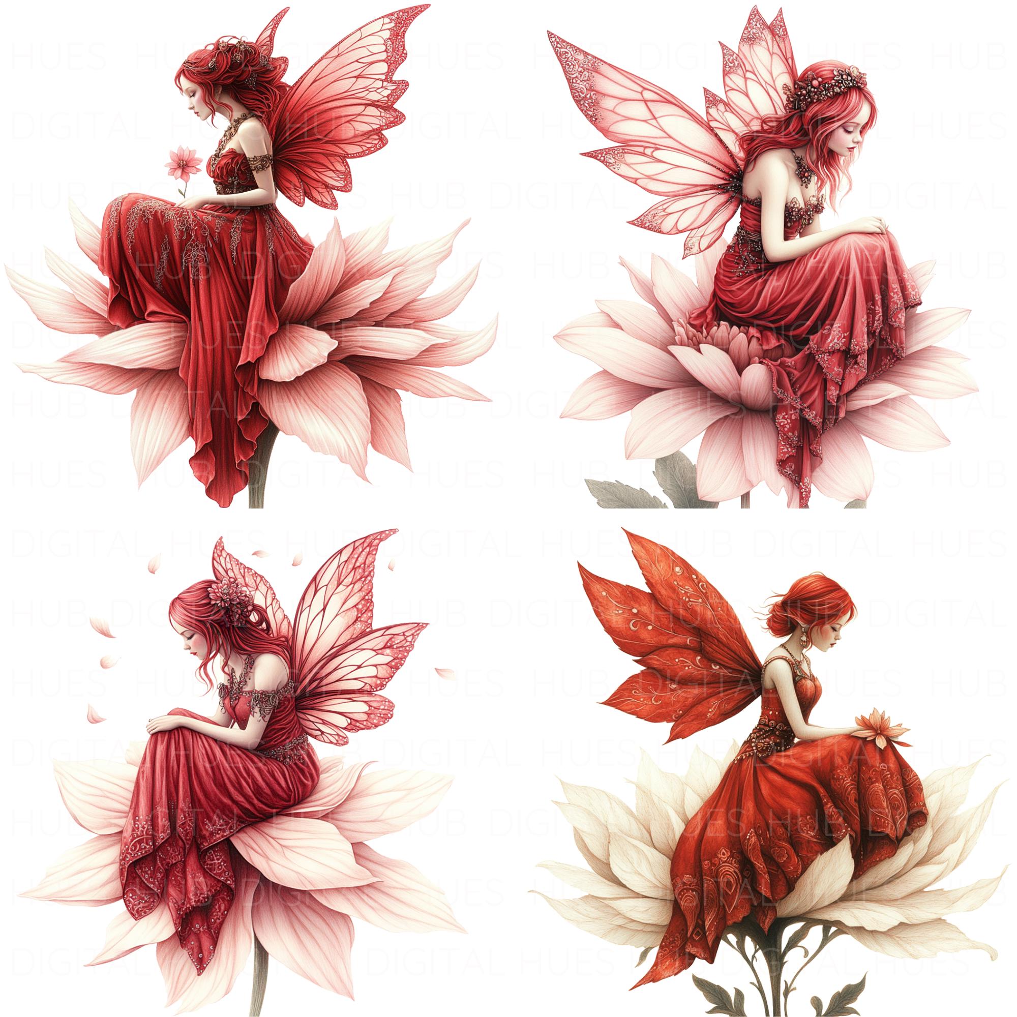 21 Pretty Red Fairy Clipart Watercolor Flower Fairy Pixie Printable ...
