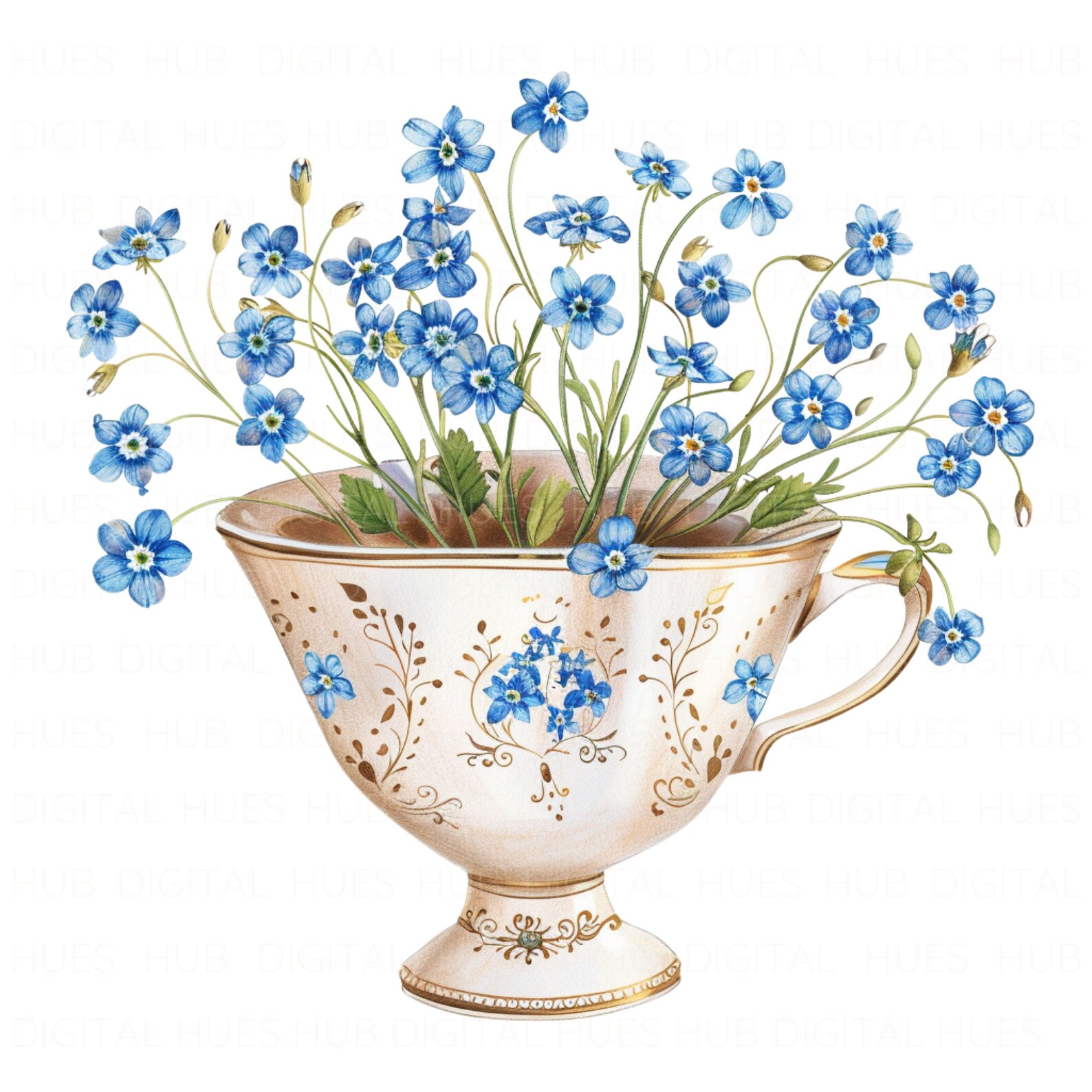 14 Forget Me Not Teacup Clipart Bundle Watercolor Boho Floral Teacup ...