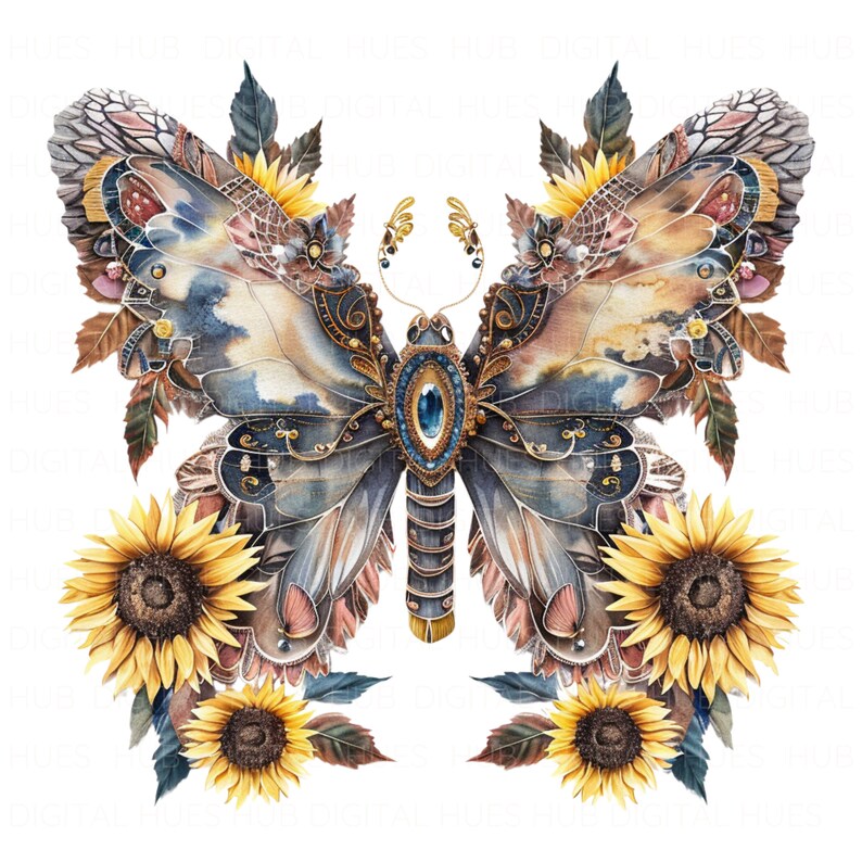 10 Sunflower Butterfly Wings Clipart Bundle Watercolor Floral Butterfly ...