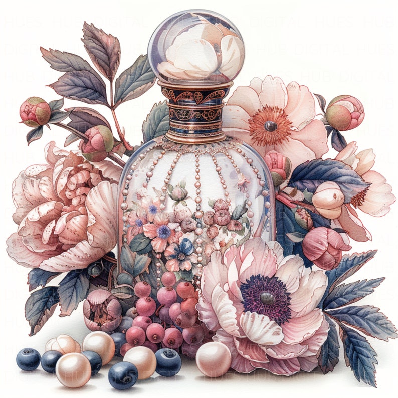 11 Antique Perfume Bottle Clipart Bundle Watercolor Peonies and Berries ...