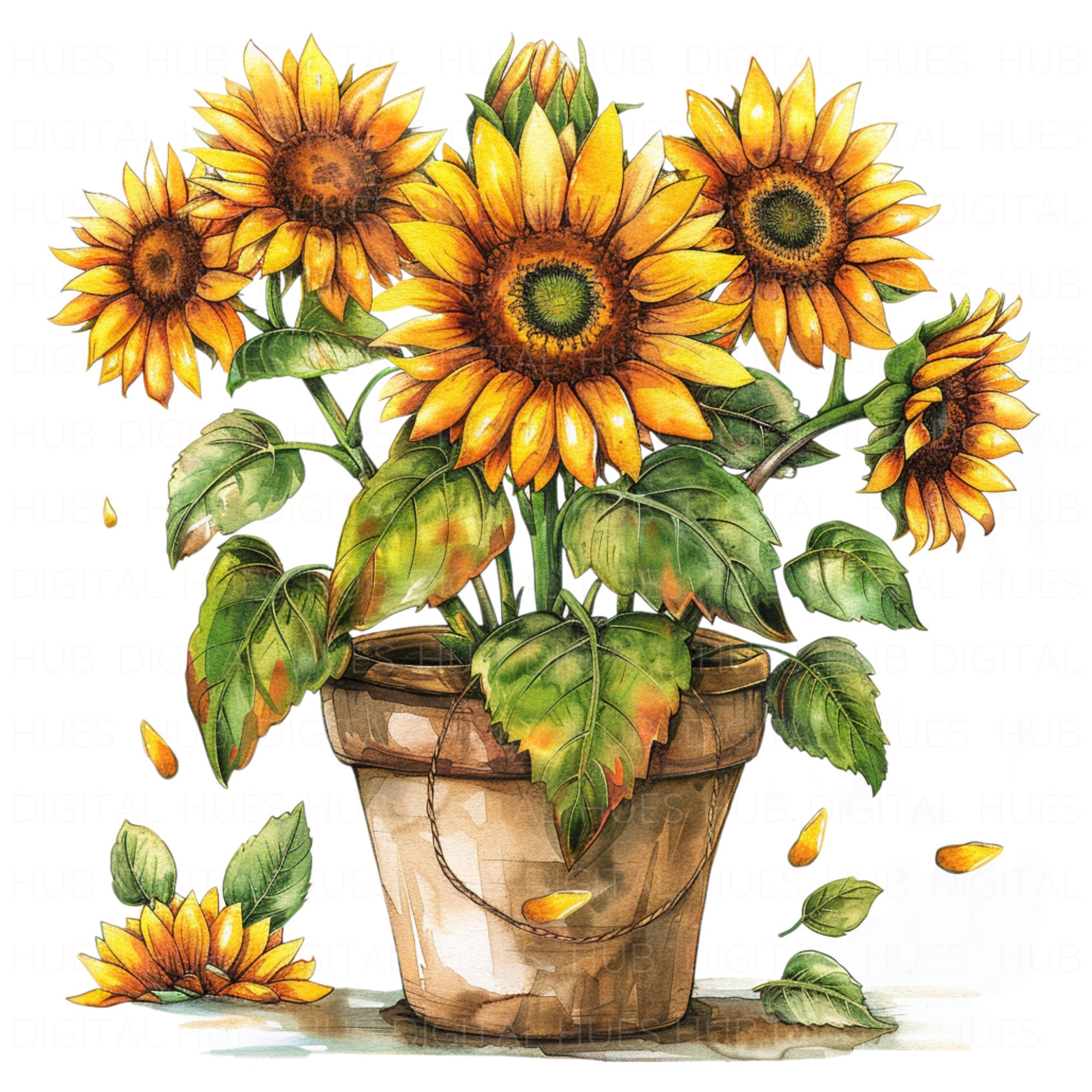 10 Sunflower Pot Clipart Bundle Watercolor Summer Flower Pot Printable ...