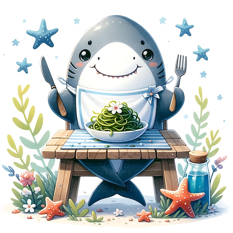 11 Cute Cartoon Shark Clipart Watercolor White Shark Sea Animals ...