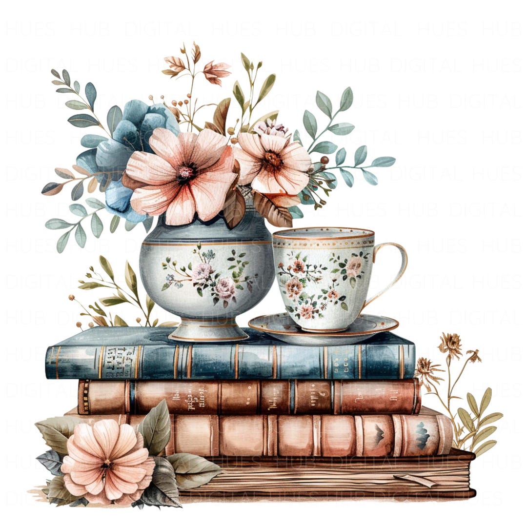 13 Book With Tea Cup Clipart Watercolor Rustic Vintage Book and Coffee ...