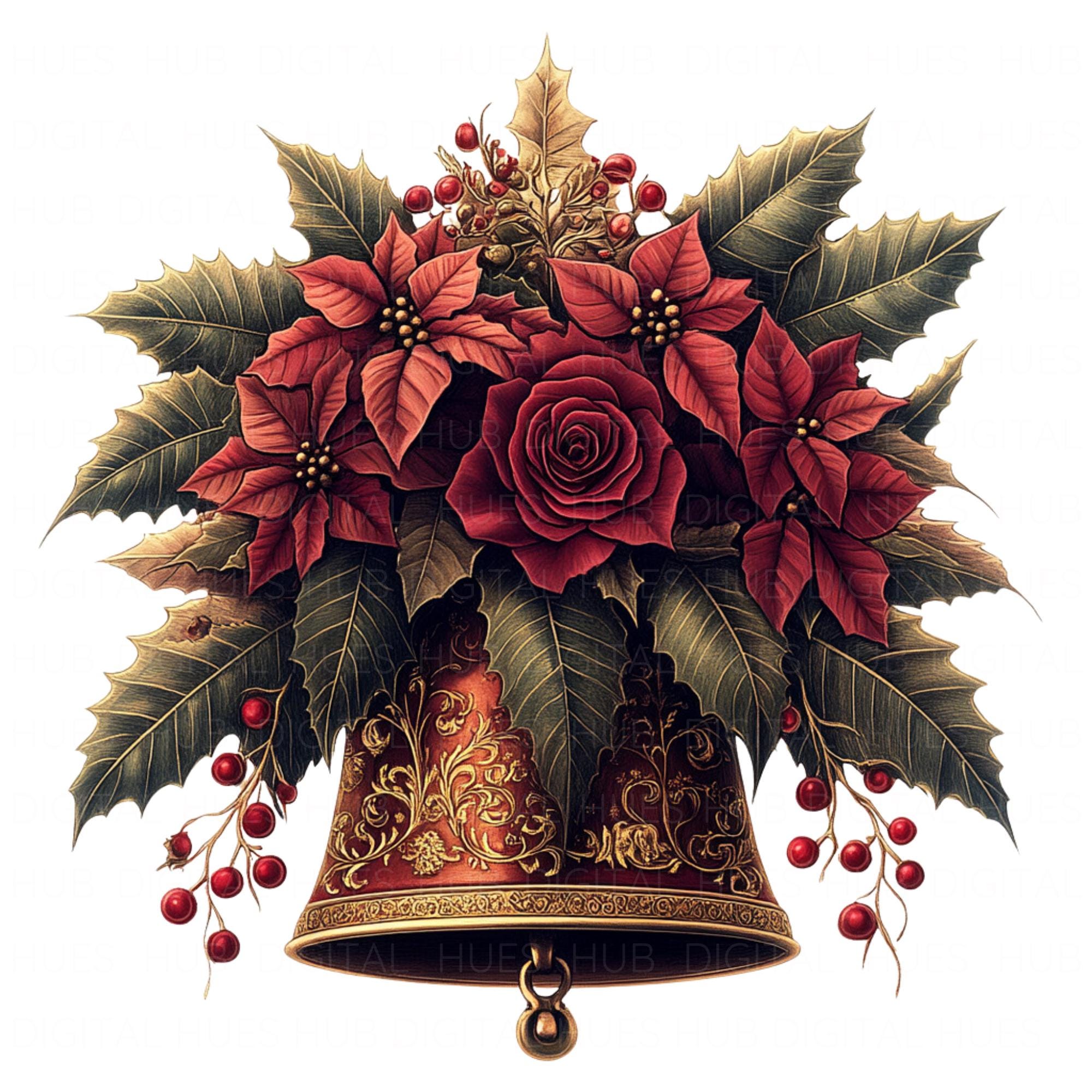 12 Floral Christmas Bell Roses Clipart Watercolor Holiday Graphics ...