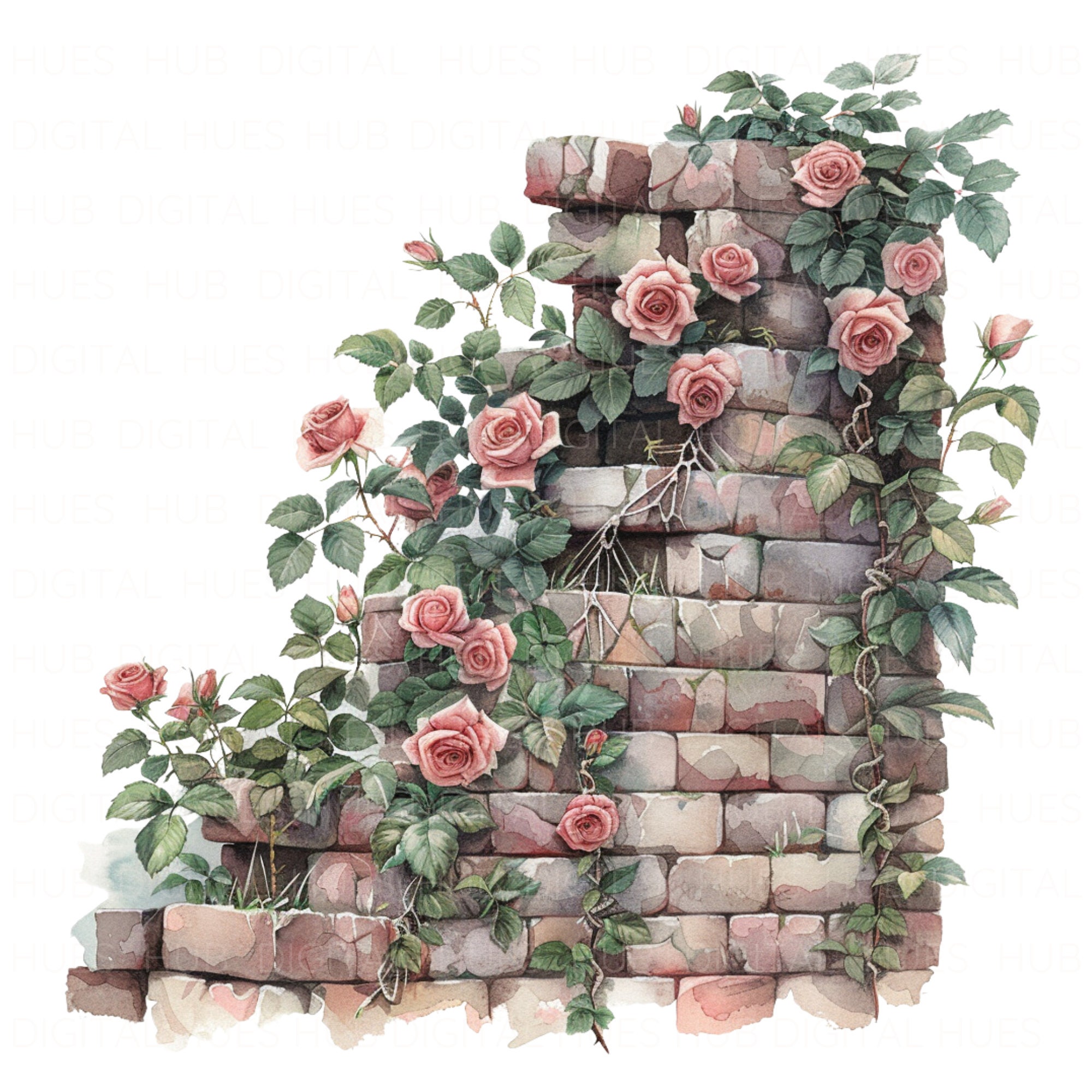 10 Pink Rose Brick Wall Clipart Watercolor Garden Clipart Floral Wall ...