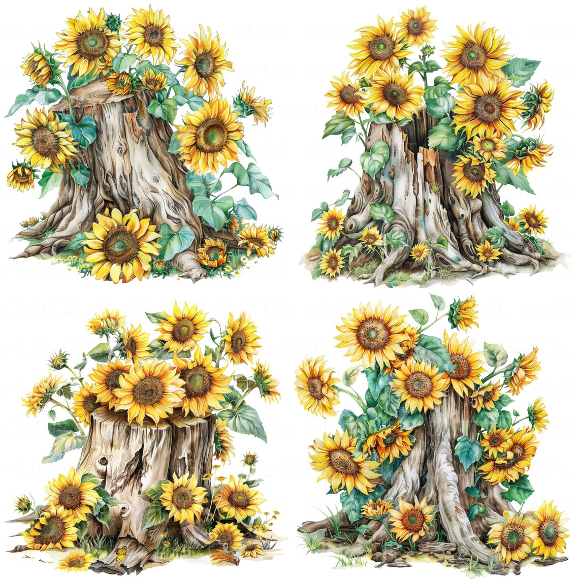 10 Floral Tree Stump Clipart Bundle Watercolor Sunflower Tree Trunk ...