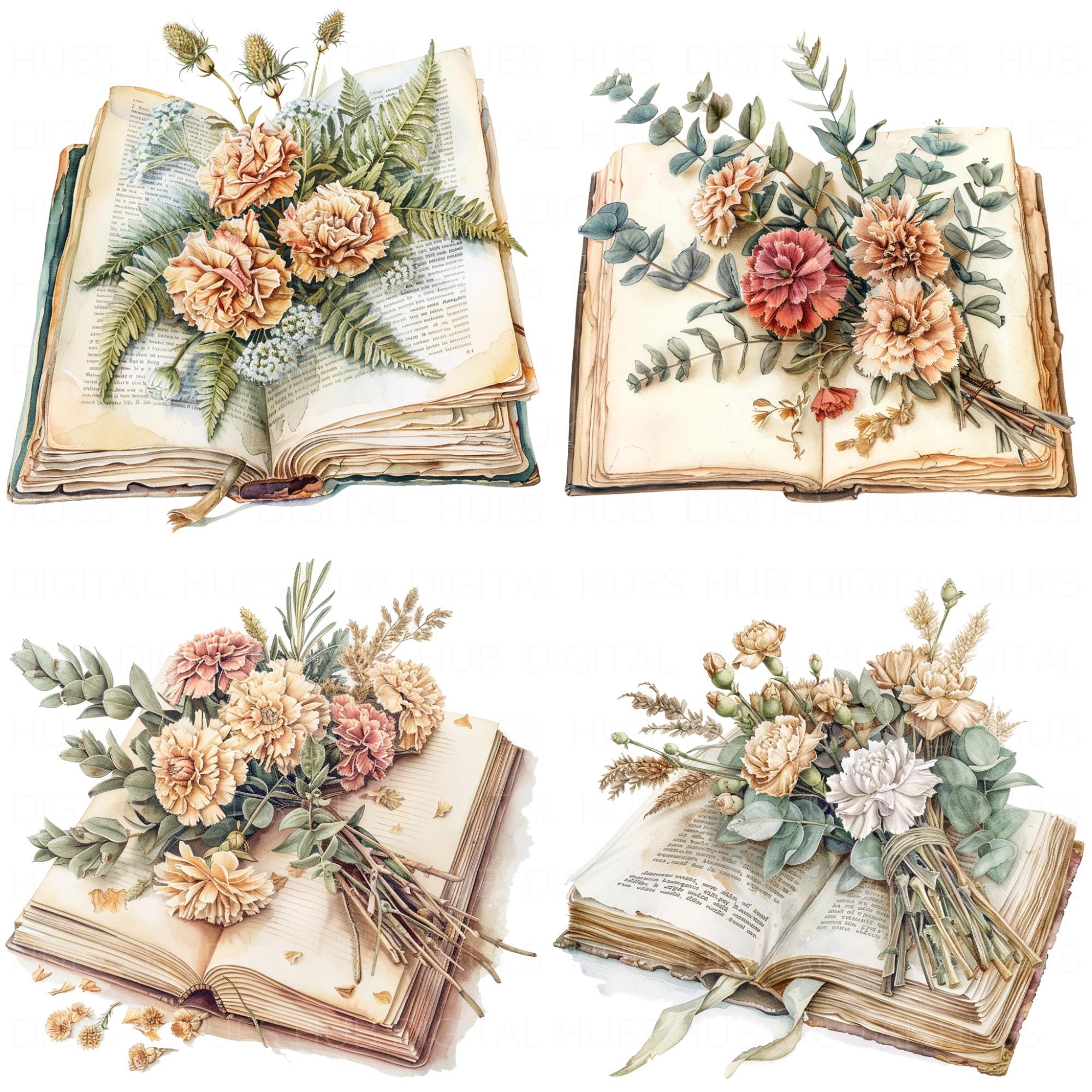 15 Dried Carnation Books Clipart Watercolor Old Floral Magic Book ...