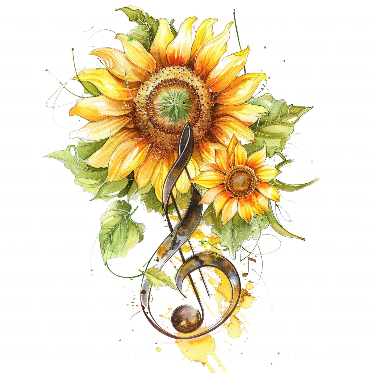12 Sunflower Music Note Art Clipart Bundle Watercolor Floral Music Note ...
